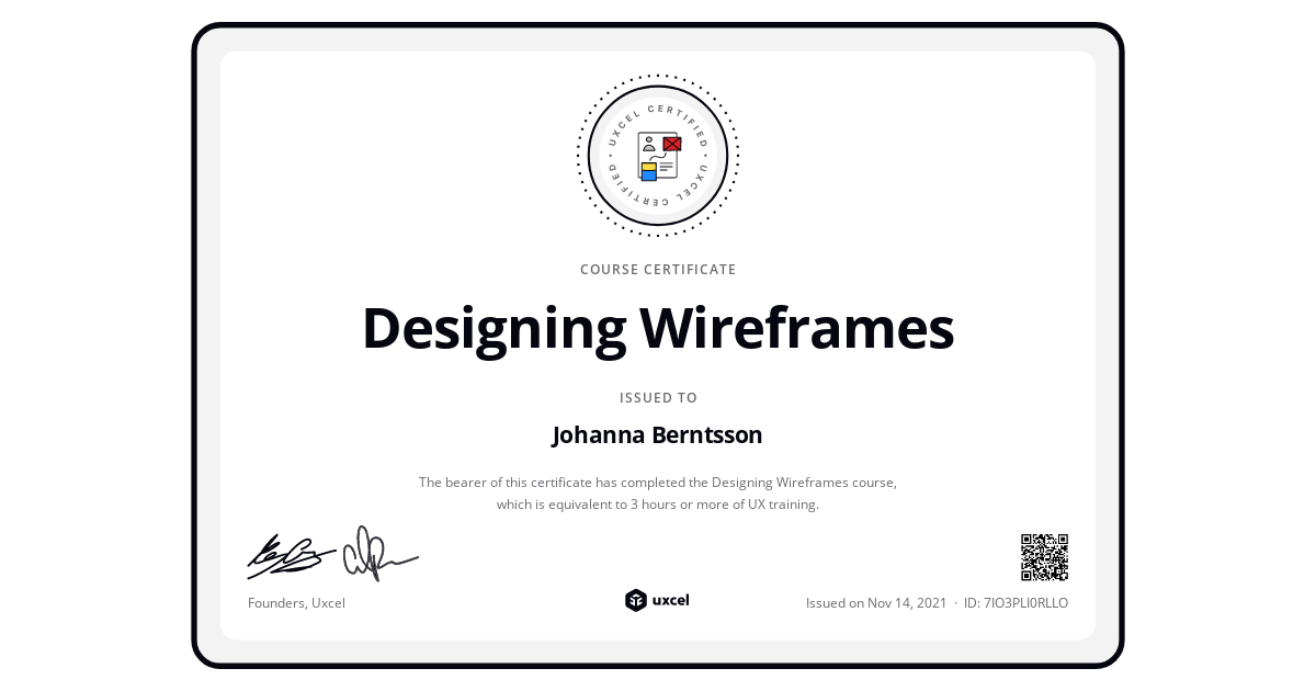Certificate of completion for Wireframing | Uxcel
